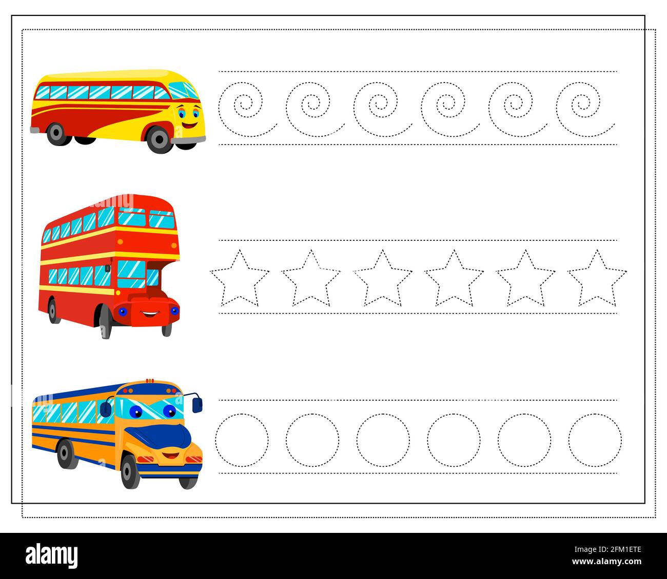 Handwriting practice sheet. , restore the dotted line, cartoon bus with ...