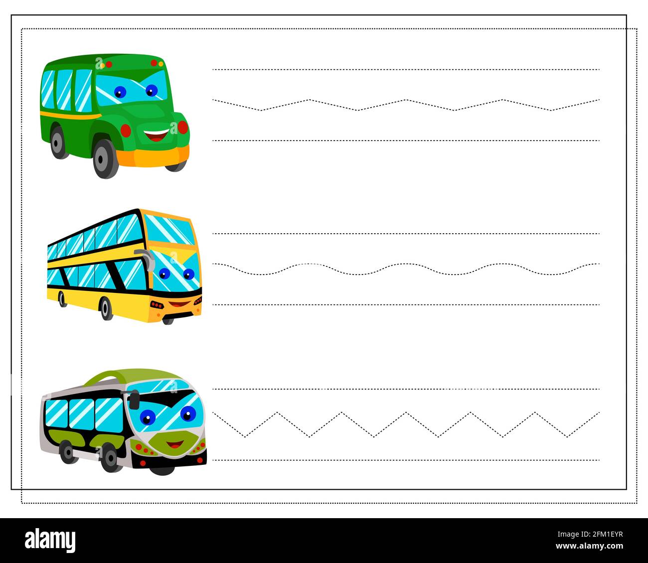 Handwriting practice sheet. restore the dotted line, a cartoon bus with ...