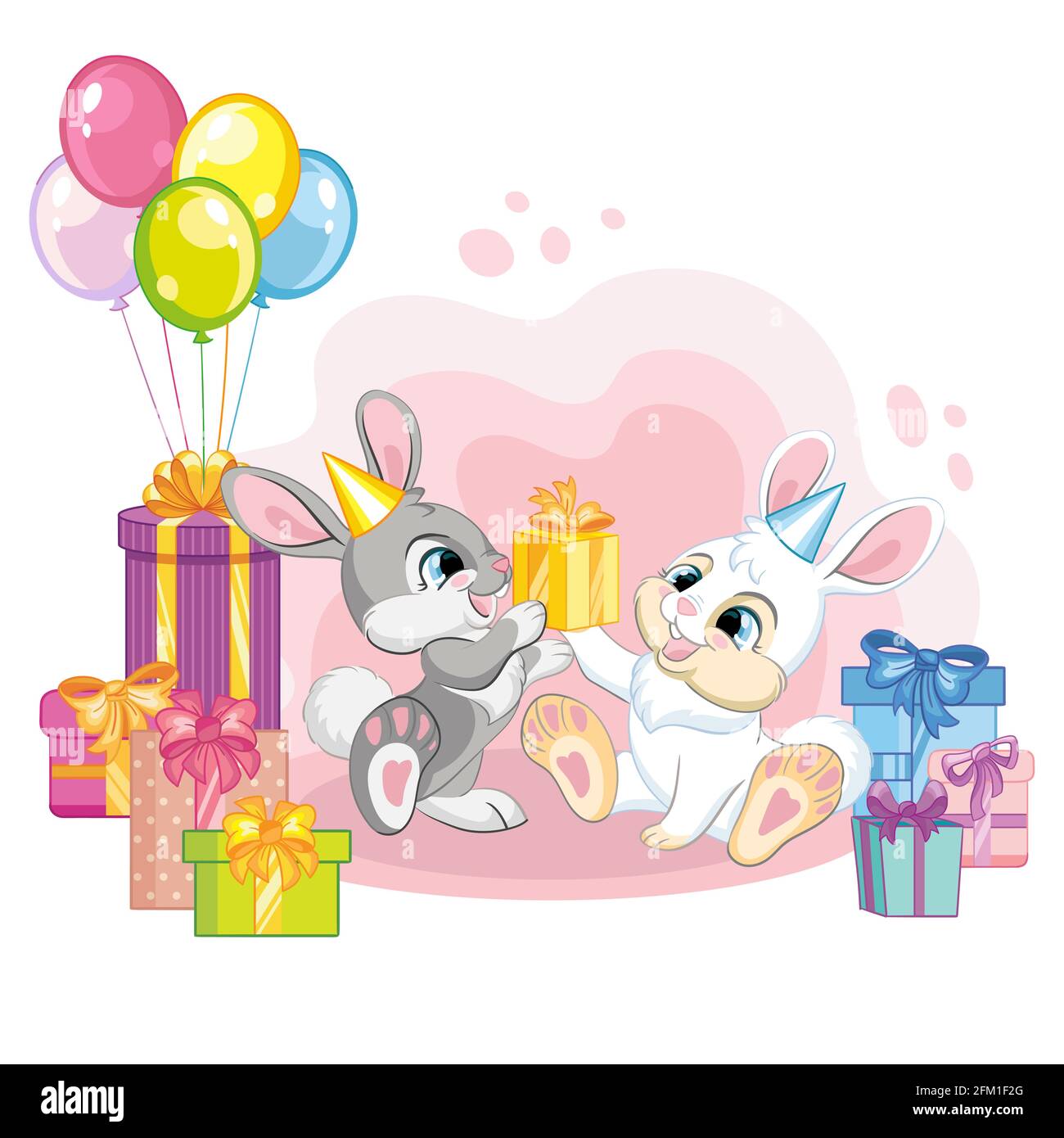 Two cute cartoon little rabbits with balloons and present boxes. Vector ...