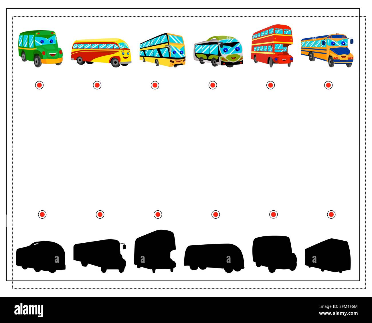 find the right shadow. city transport, cartoon buses with eyes and a ...