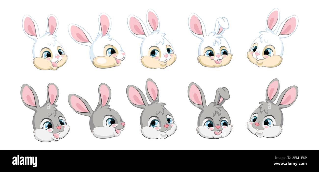 Set of cute cartoon white and gray rabbits heads. Vector isolated ...