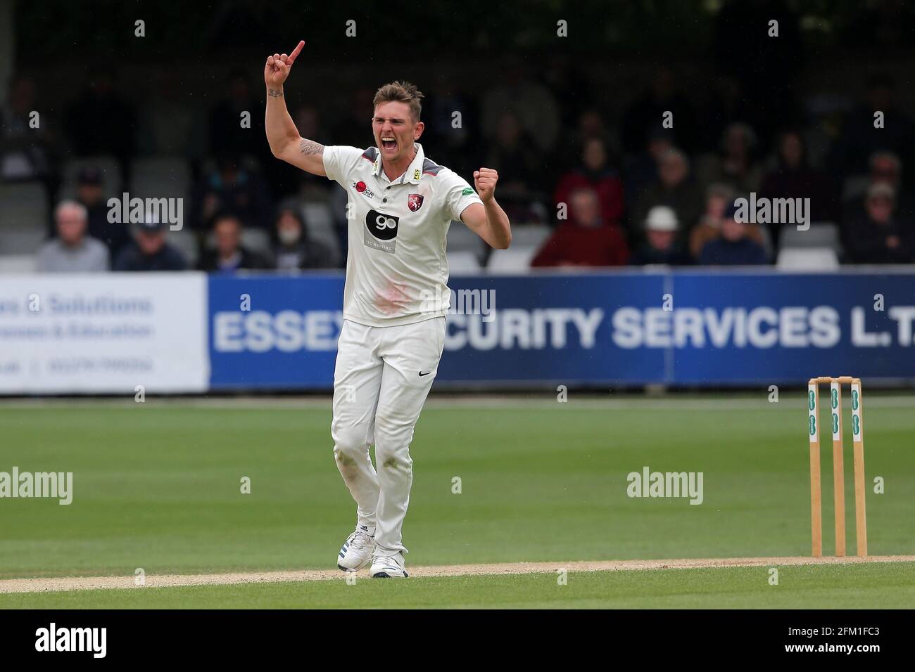 Harry Podmore of Kent celebrates taking the wicket of Daniel Lawrence ...