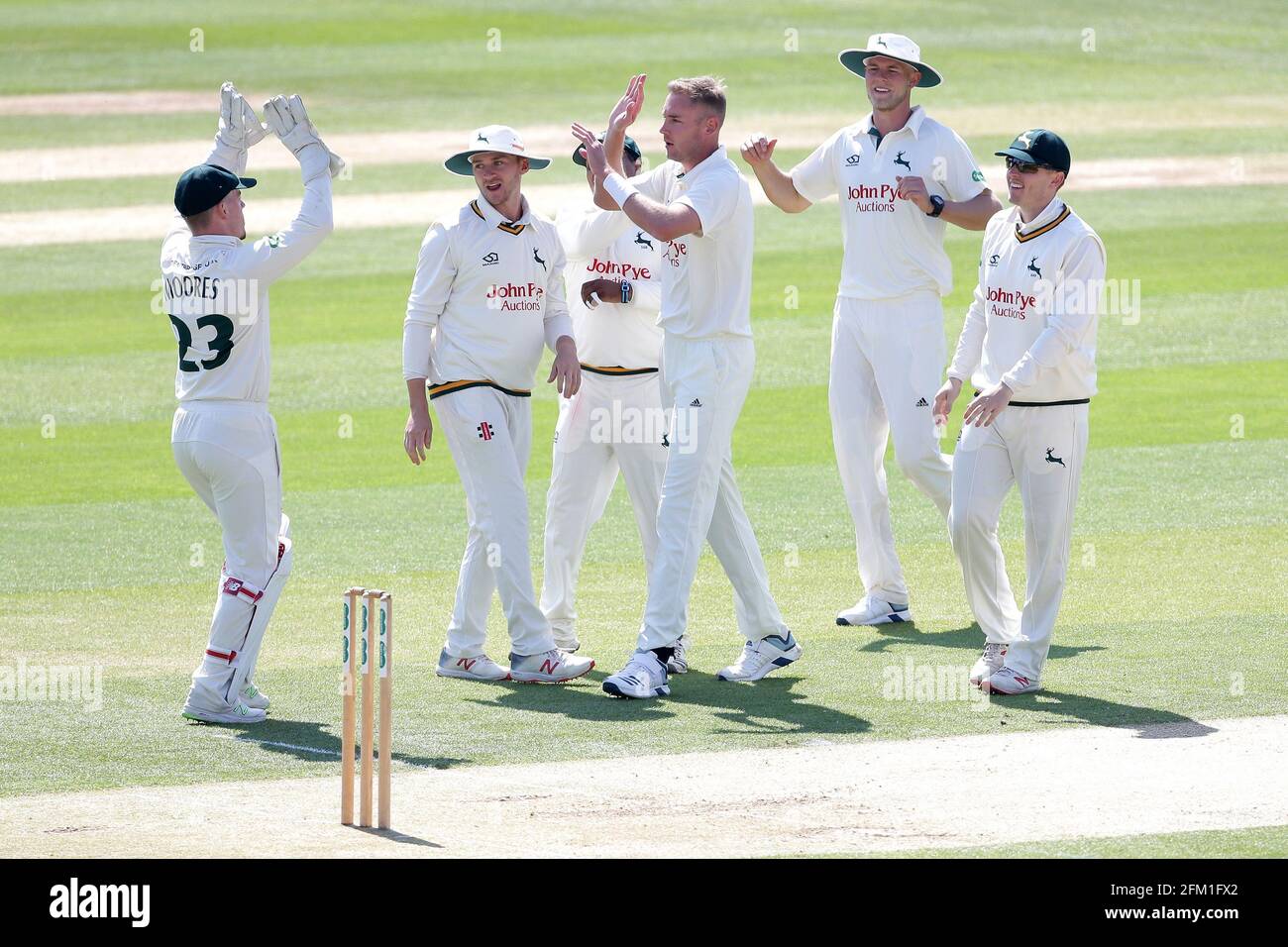 Stuart Broad of Notts celebrates with his team mates after taking the ...