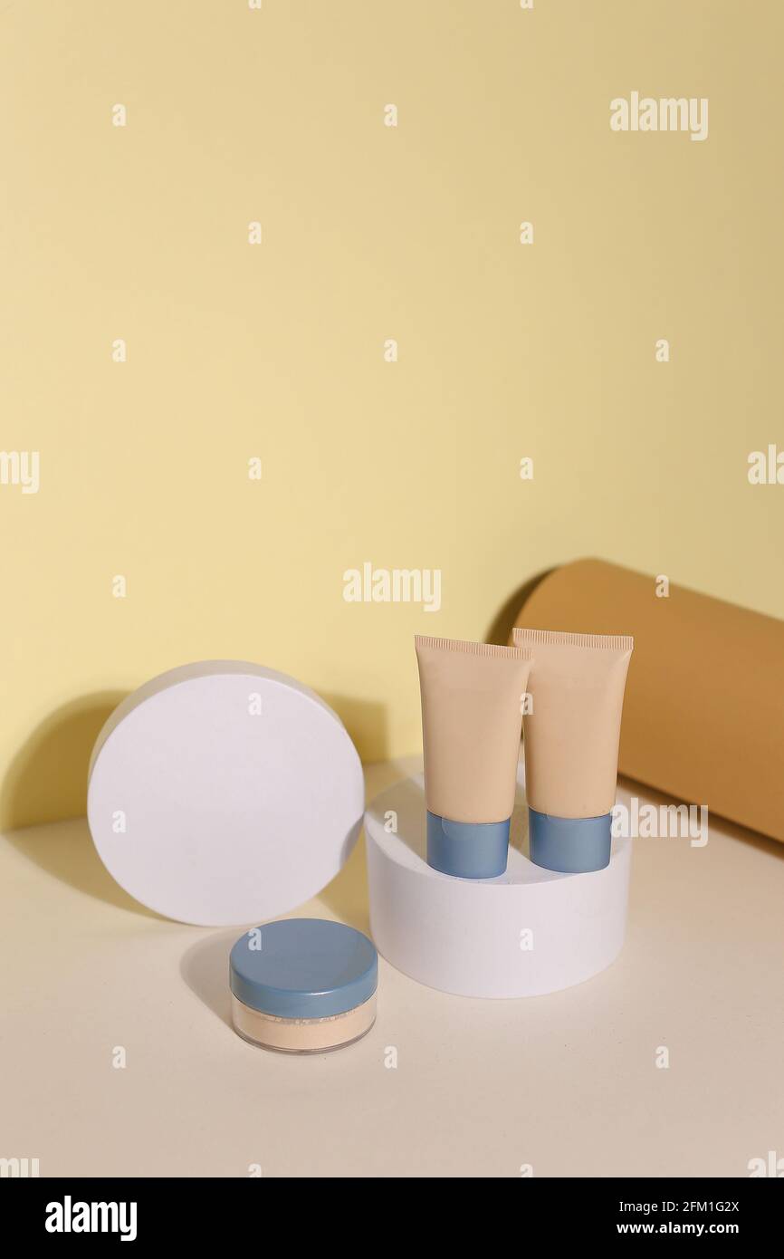 Foundation face make-up samples. Set of cosmetic liquid foundation or ...