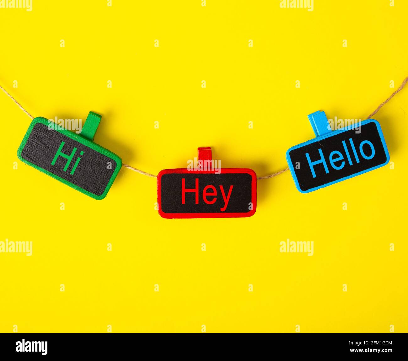 Color tag with the word HI, HEY and HELLO on yellow background Stock ...