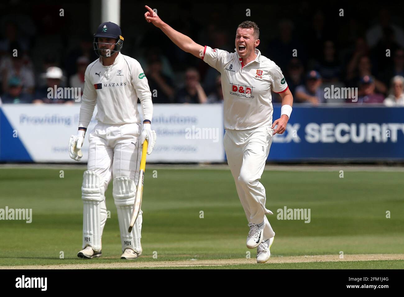 Peter Siddle of Essex celebrates taking the wicket of Gary Ballance ...