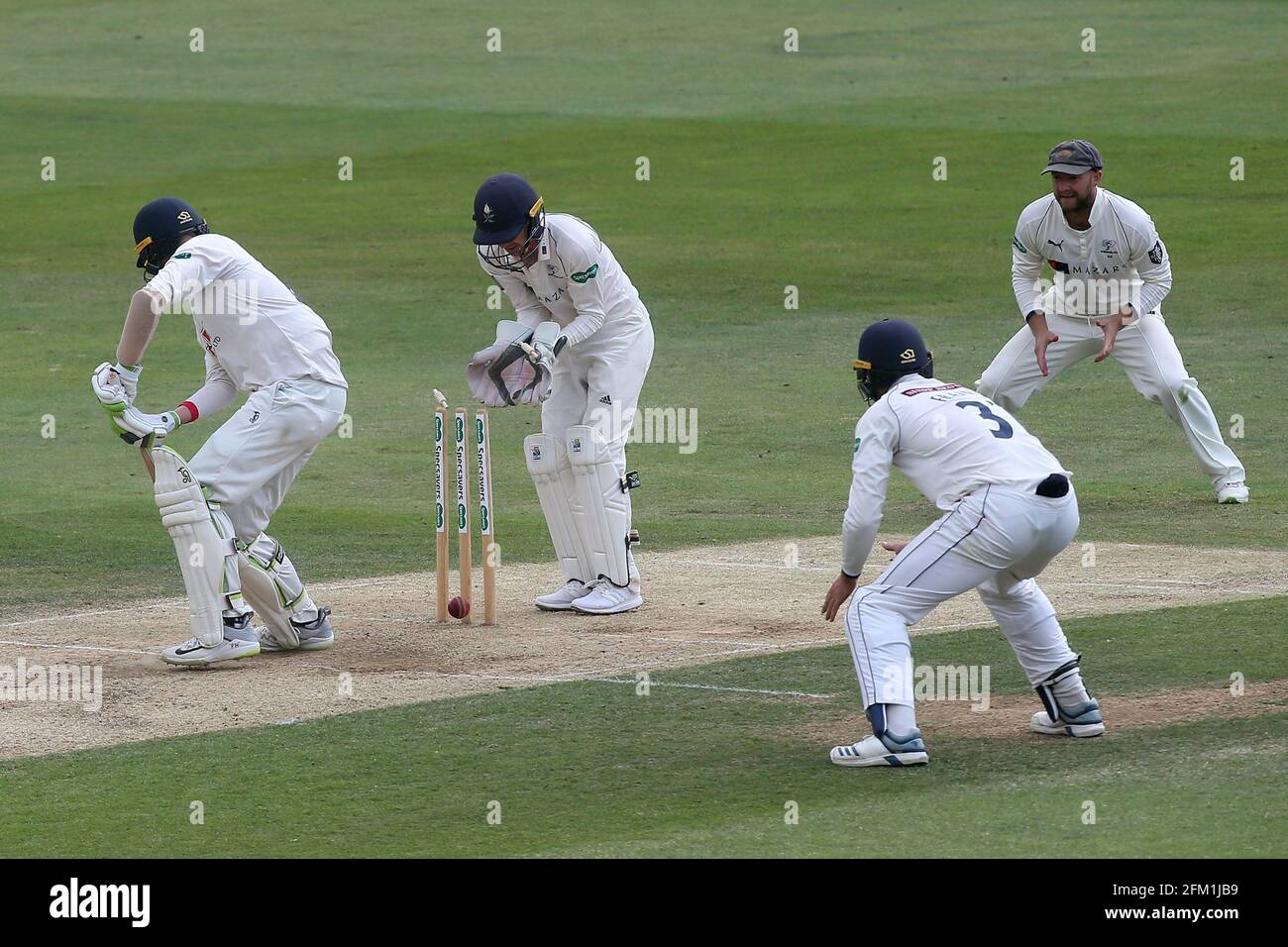 Peter Siddle of Essex is bowled out by Keshav Maharaj during Essex CCC ...