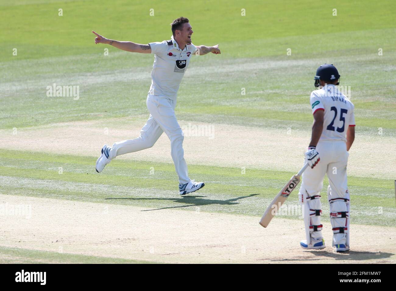 Harry Podmore of Kent celebrates taking the wicket of Ravi Bopara ...