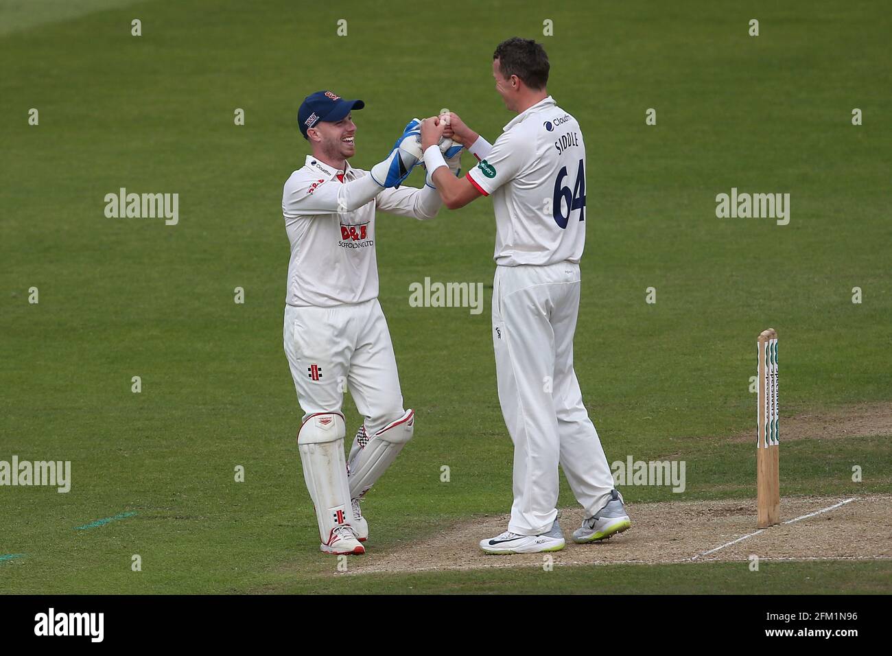 Peter Siddle of Essex celebrates taking the wicket of Jake Ball during ...