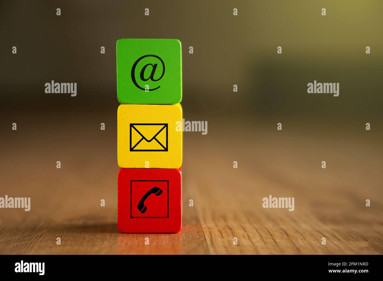 Wood block symbol telephone,mail,address and mobile phone ...