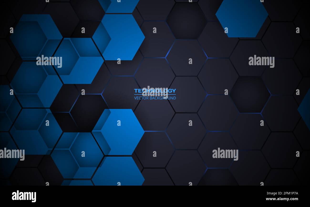 Dark gray abstract hexagonal technology vector background. Blue bright energy flashes under ...