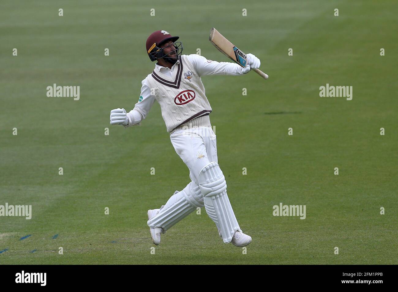 Ryan Patel of Surrey celebrates after reaching his century during ...