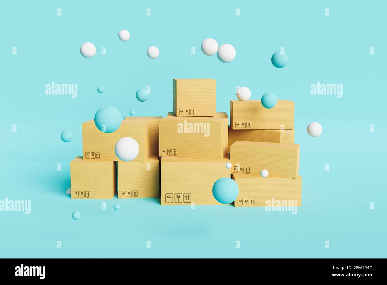 3D rendering of cardboard shipping boxes on blue background with ...