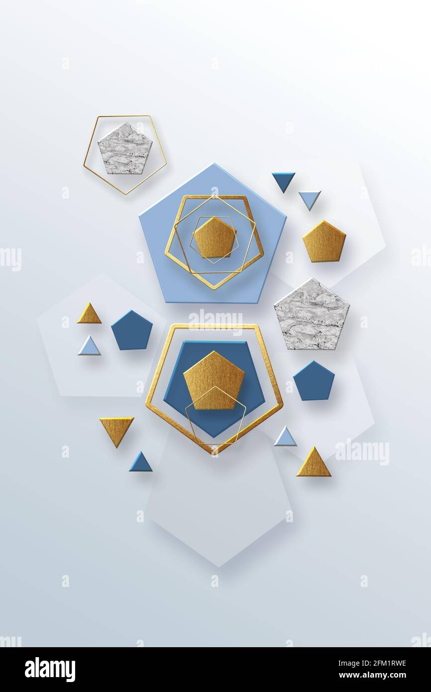 3d illustration, multicolored pentagons and pentagonal frames on a ...
