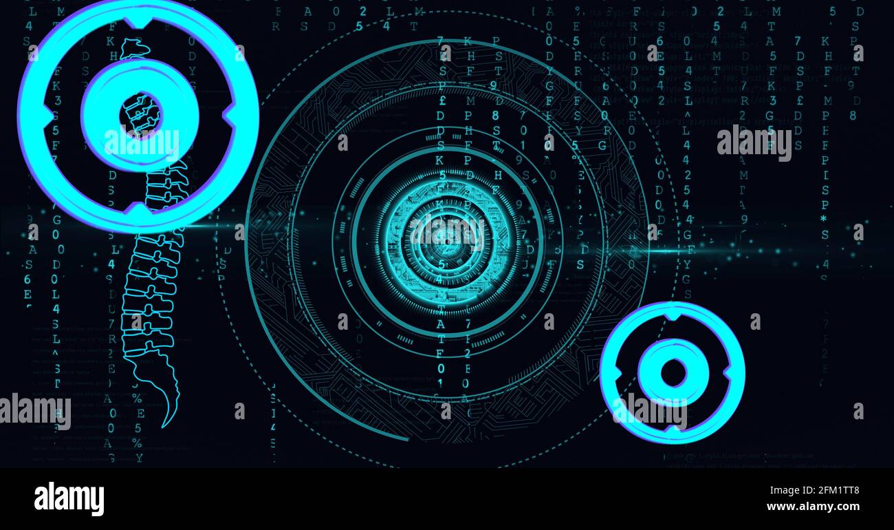 Animation of scopes scanning, human spine and binary coding on black background Stock Photo - Alamy