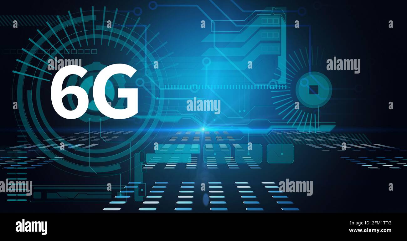 Composition of 6g text over scope scanning and data processing on black background Stock Photo ...