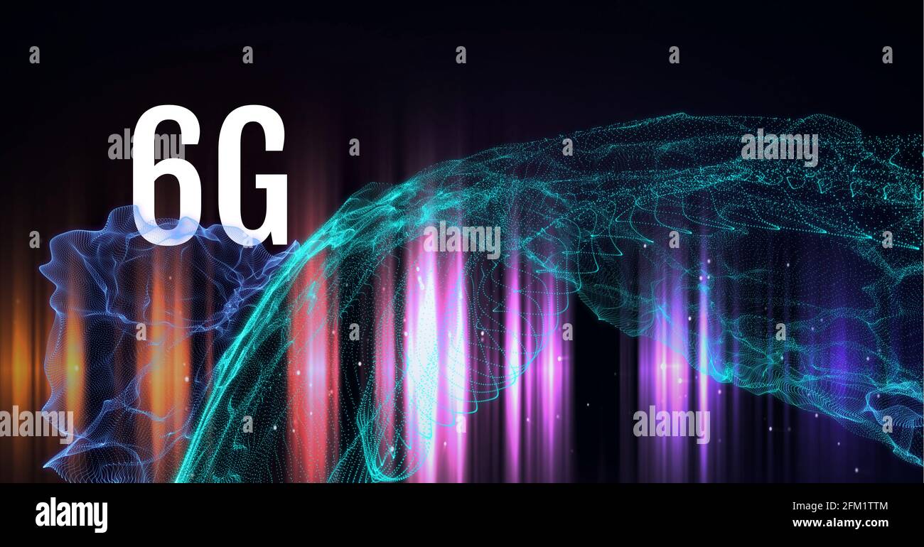 Composition of 6g text over network of green mesh and multi coloured ...