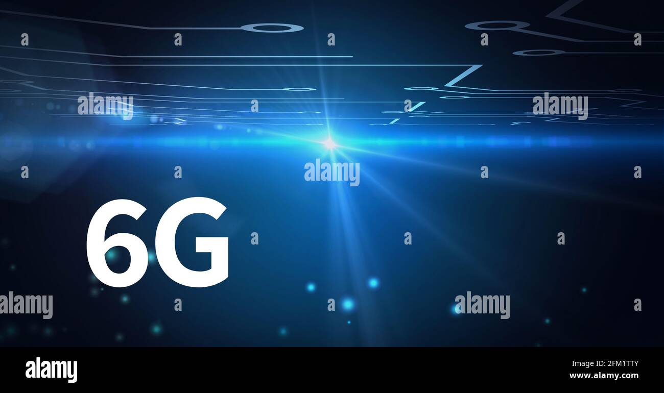 Composition of 6g text over glowing light and circuit board on blue background Stock Photo - Alamy
