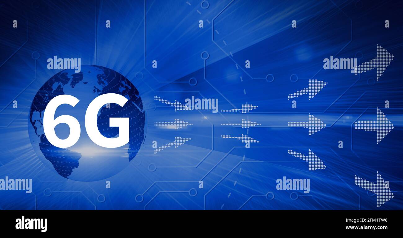 Composition of 6g text over globe, white arrows and computer circuit ...