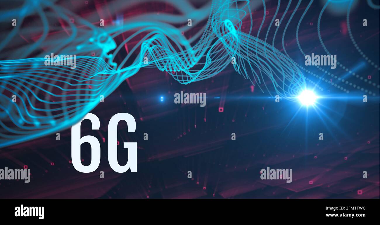 Composition of 6g text over glowing light network of blue light trails and pink points Stock ...