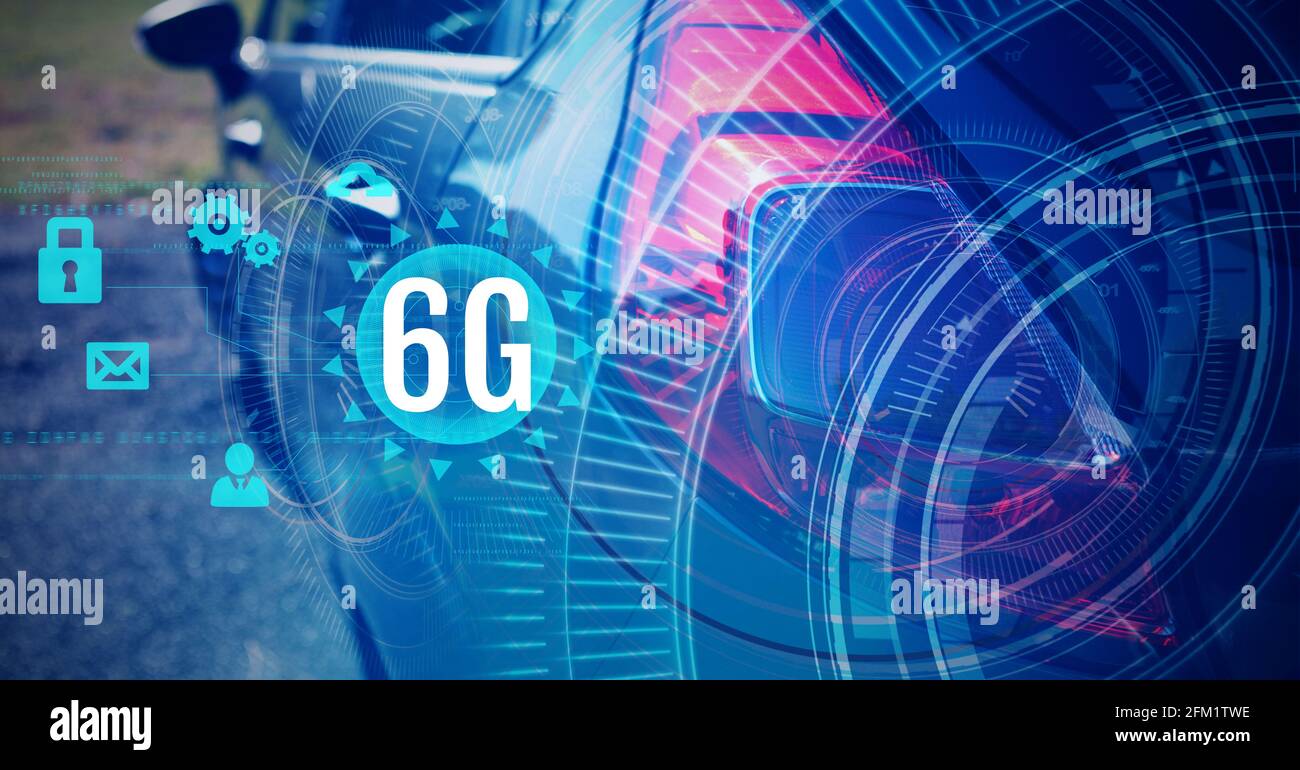 Animation 6g technology interface over hi-res stock photography and ...