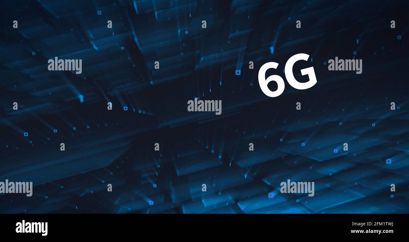 Composition of 6g text over multiple screens and binary coding on blue background Stock Photo ...