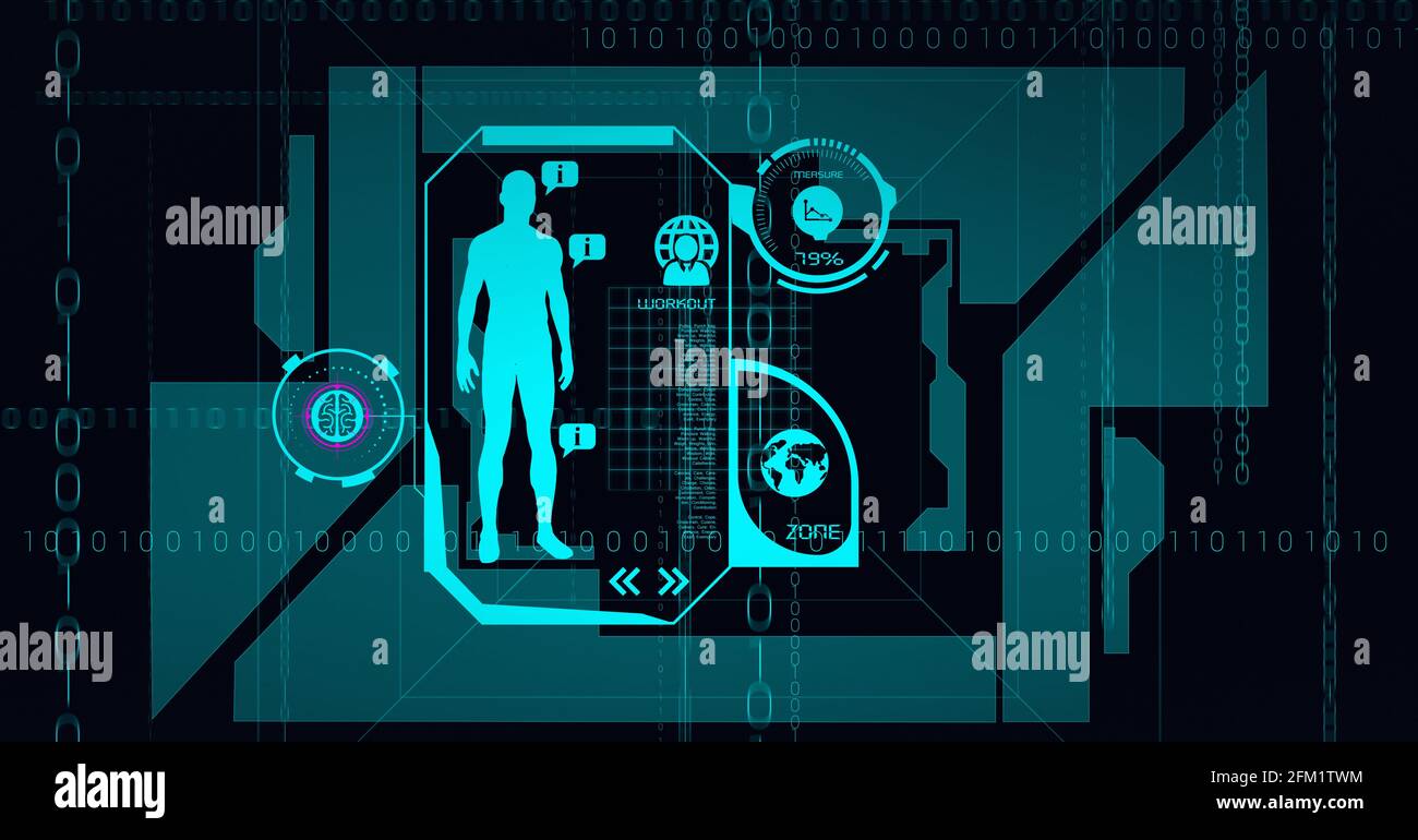 Animation Of Scopes Scanning Human Model And Binary Coding Over Screen On Black Background