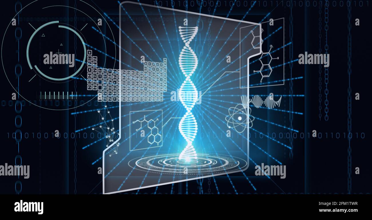 Animation of scopes scanning, dna strand over screen and scientific data processing on black ...
