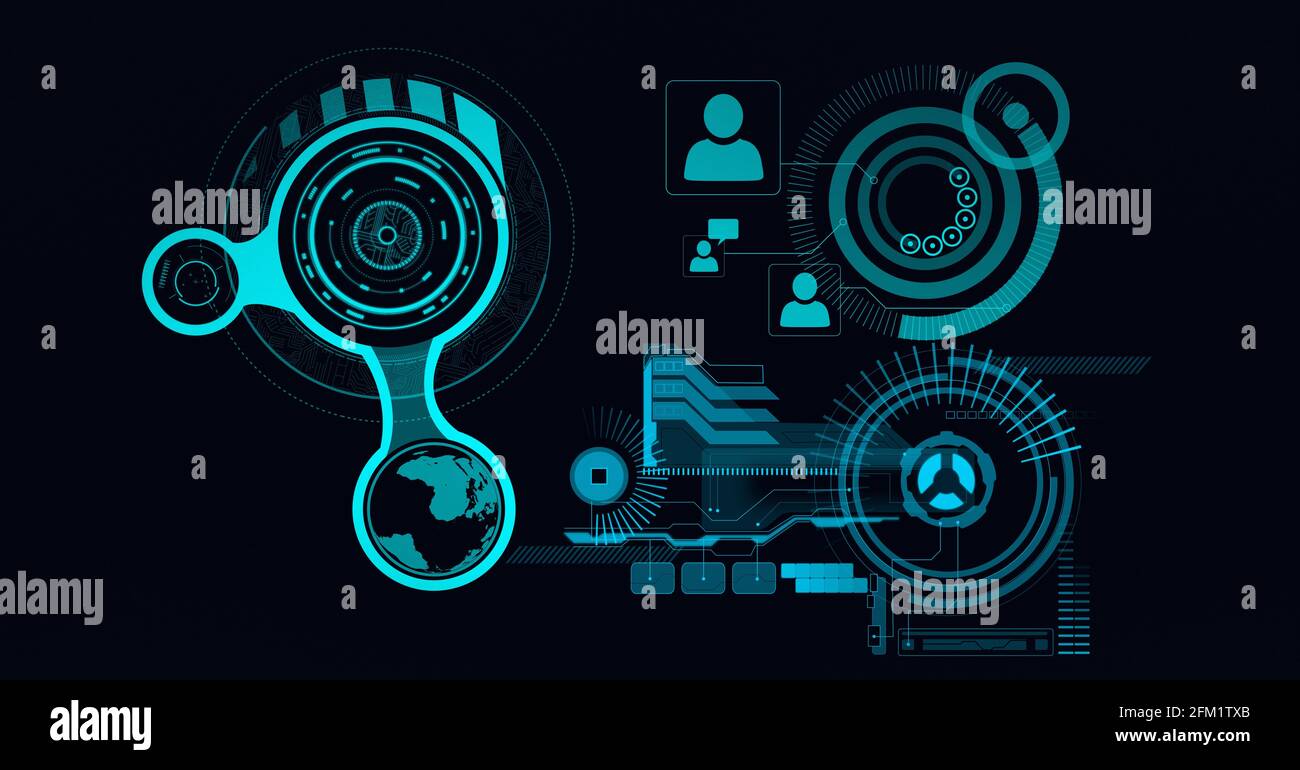 Composition of scopes scanning and digital people icons on black ...