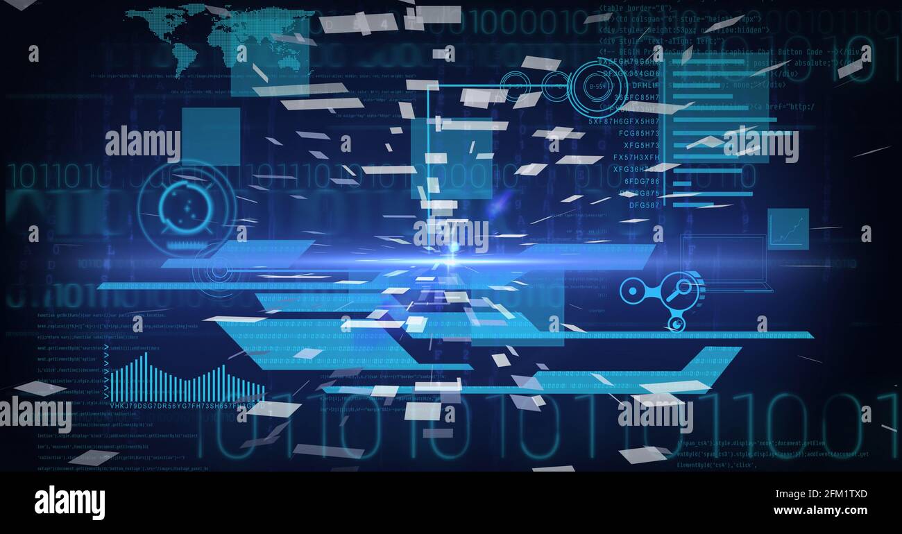 Composition of scopes scanning, data processing and screens on blue background Stock Photo - Alamy