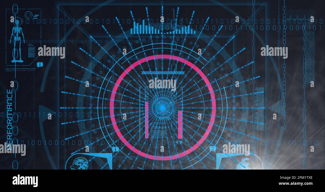 Animation of scopes scanning, human model and binary coding on blue background Stock Photo - Alamy