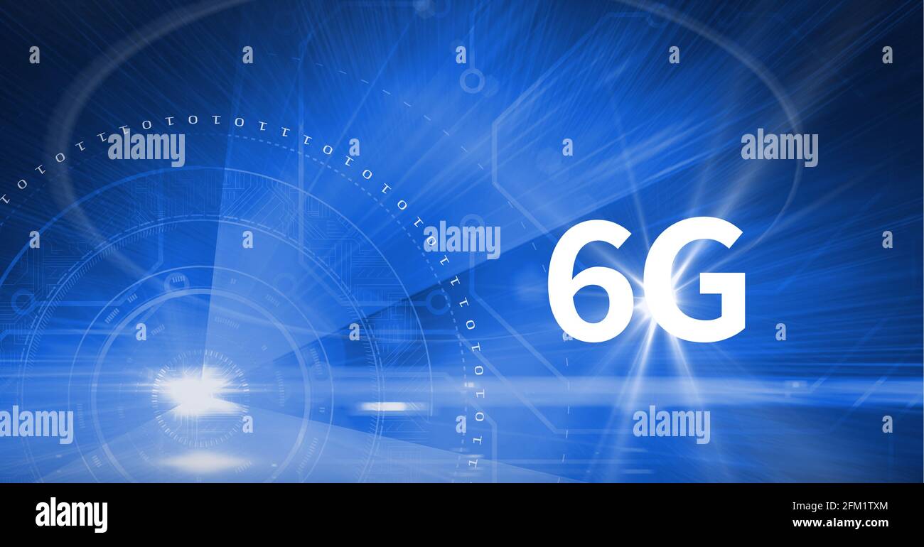 Composition of 6g text over scope and binary coding on blue background Stock Photo - Alamy