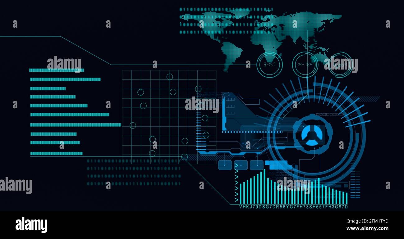 Animation of scope scanning, data processing and world map on black ...
