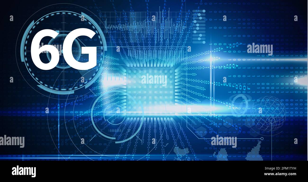 Composition of 6g text over scope and data processing on blue ...