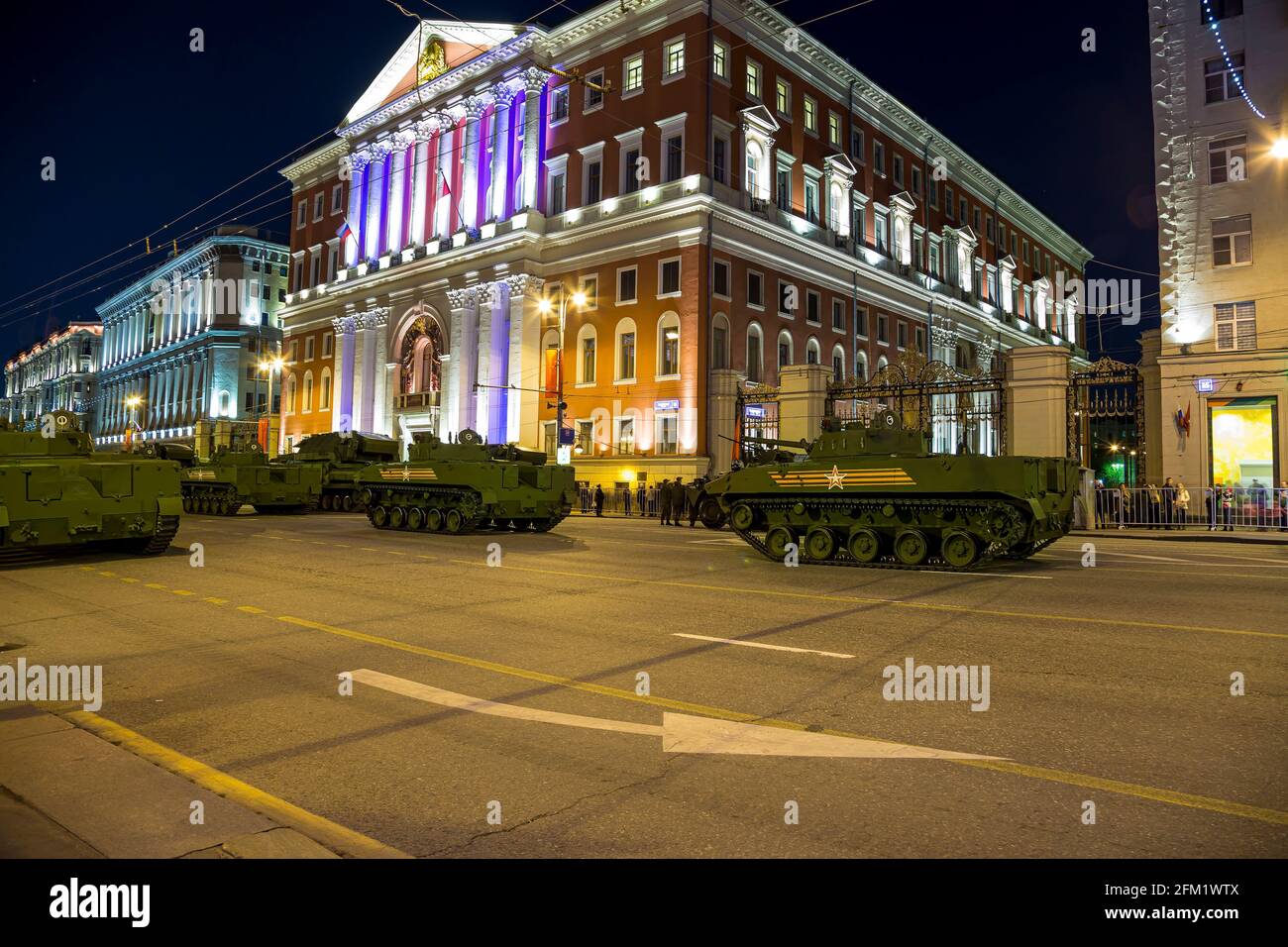 Russian weapons. Rehearsal of military parade (at night) near the ...