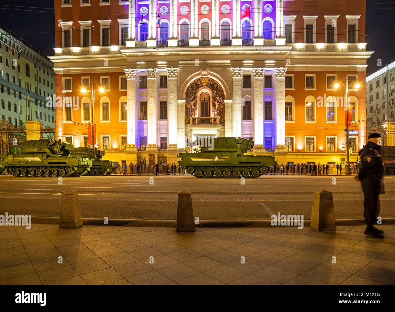 Russian weapons. Rehearsal of military parade (at night) near the ...