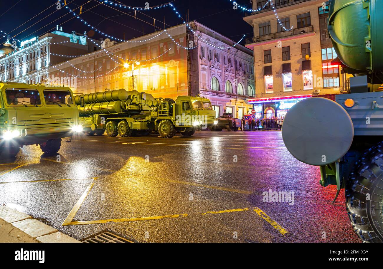 Russian weapons. Rehearsal of military parade (at night) near the ...