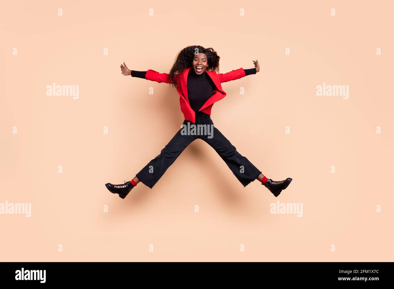 Full body photo of dark skin funky positive young woman jump up air ...