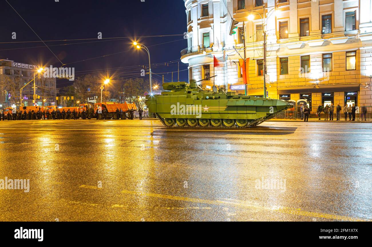 Russian weapons. Rehearsal of military parade (at night) near the ...