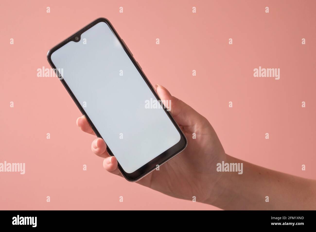 Female hand holding smartphone with blank screen over pink background ...