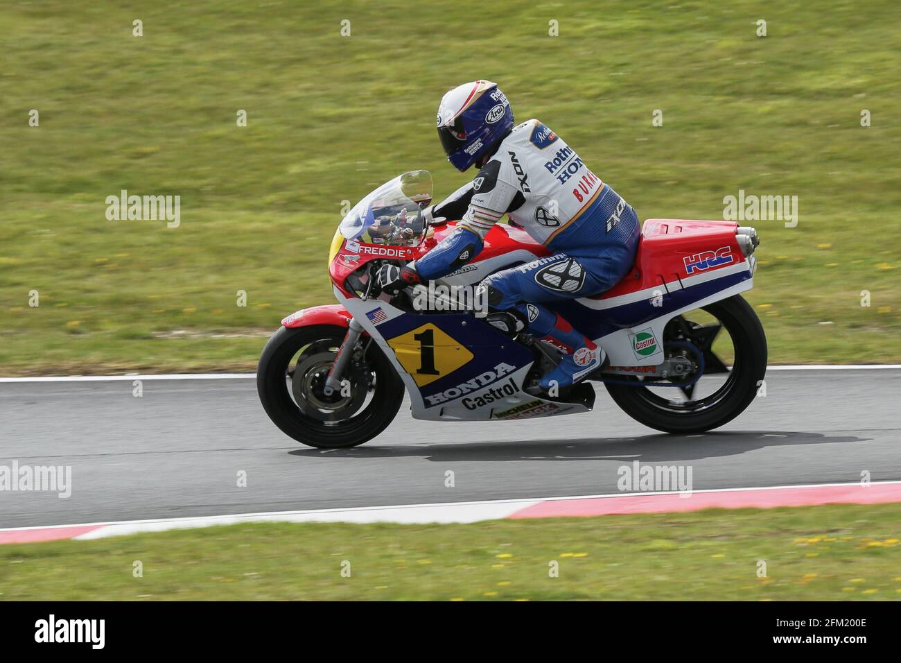 Roger Burnett aboard the HRC Honda RS500 in the Freddie Spencer Livery ...