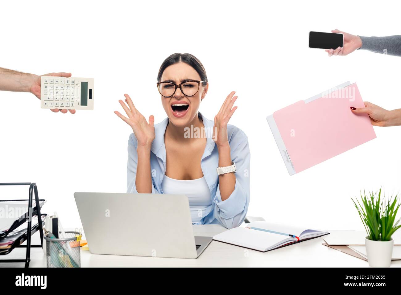 angry and tired businesswoman screaming at workplace near coworkers ...