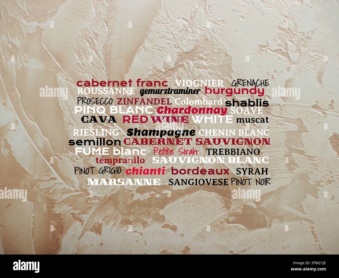 Wine concept.Wine varietals types word cloud collage on abstract light ...