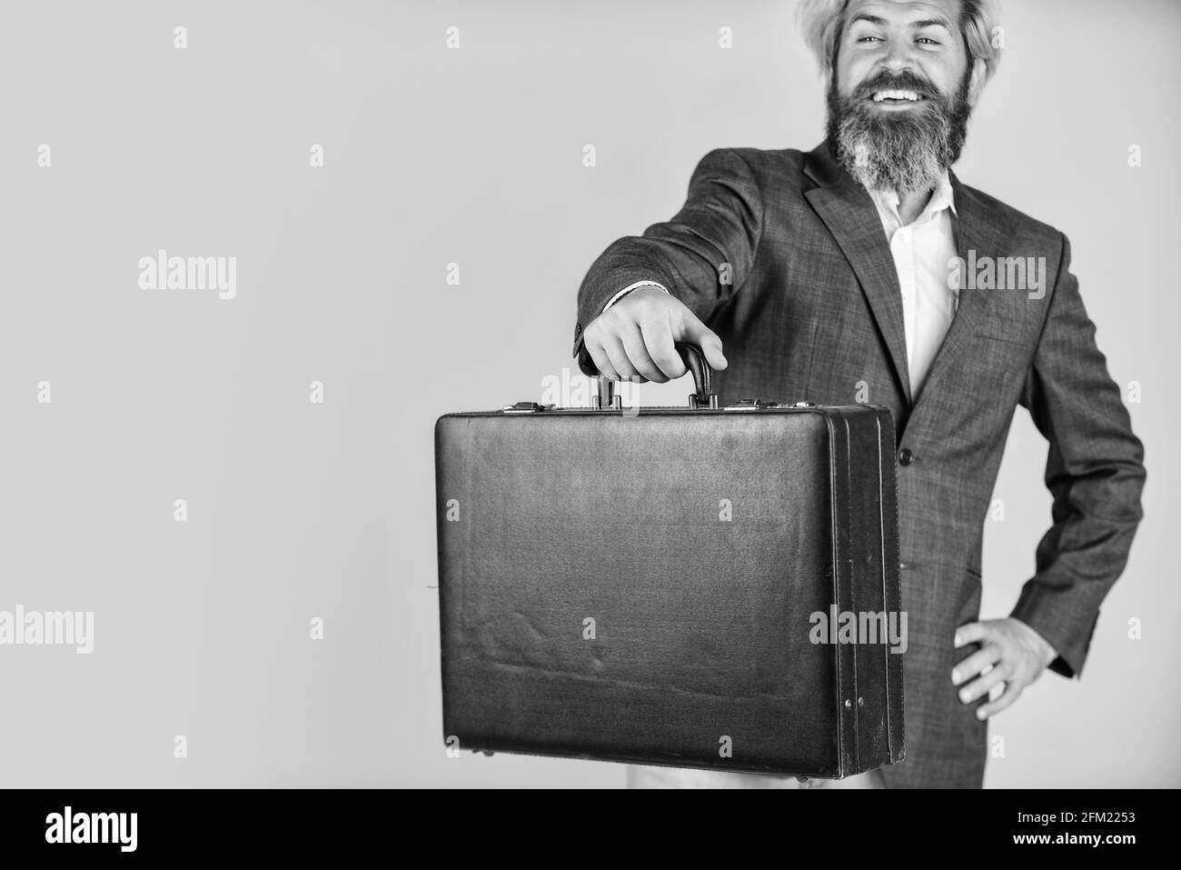 Hipster bearded face hold briefcase with bribe. Businessman run away ...