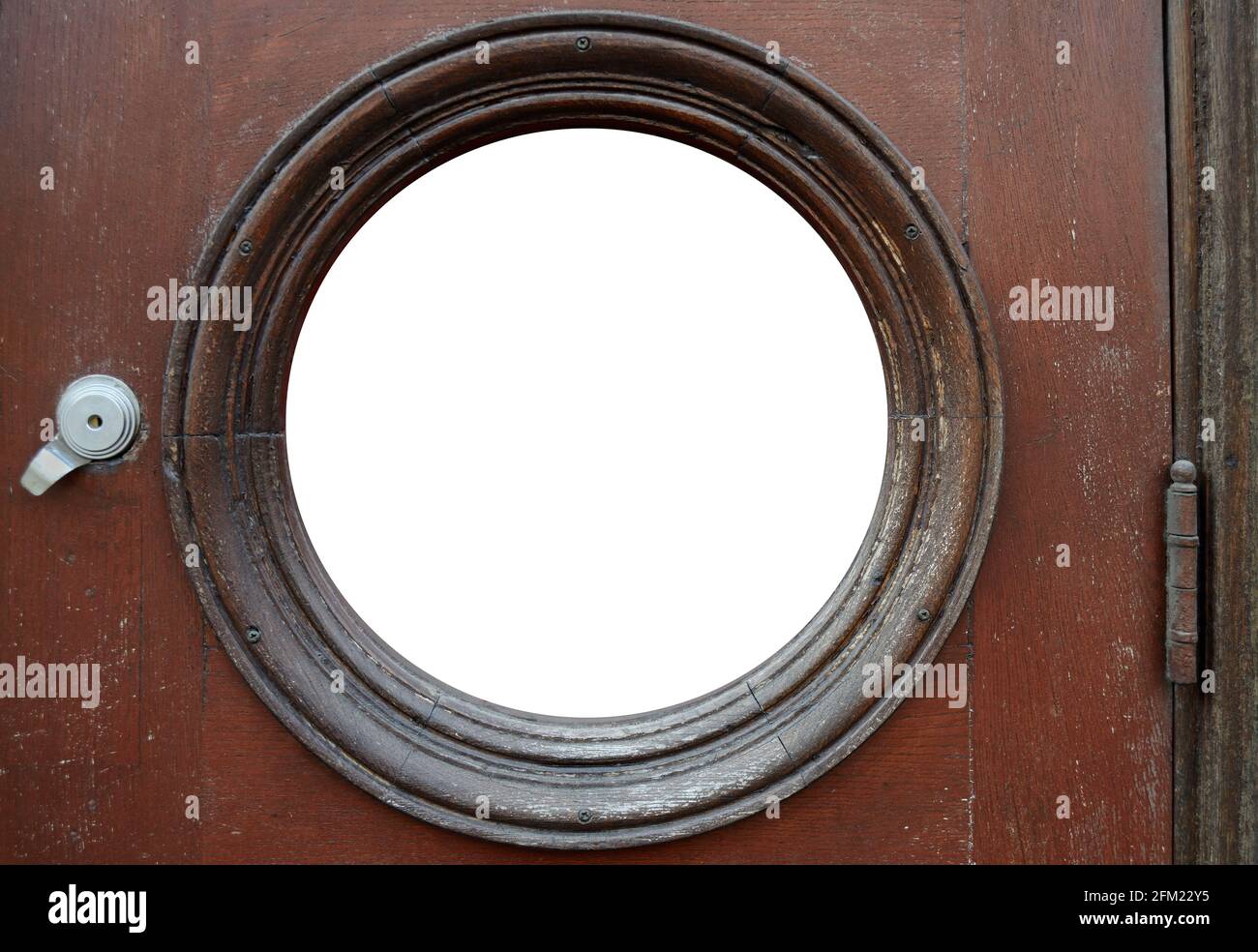 vintage wooden door with round window, door hinge and lock, with space ...