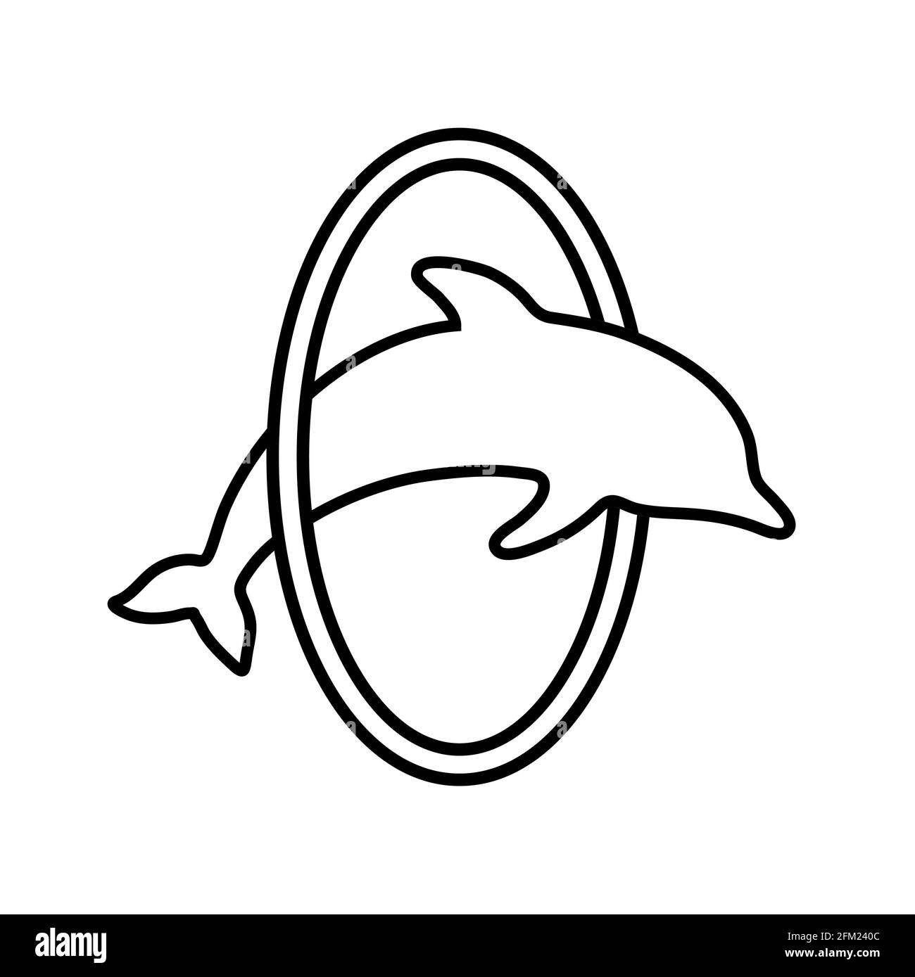 Flat round black and white icon with silhouette of playing dolphin ...
