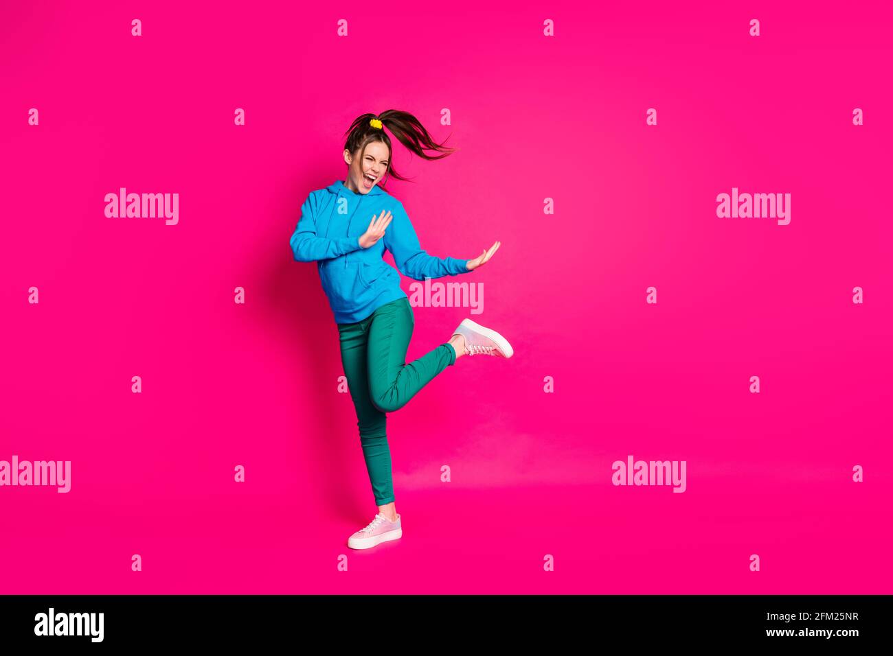 Full length photo of charming cute young lady wear blue sweater dancing ...