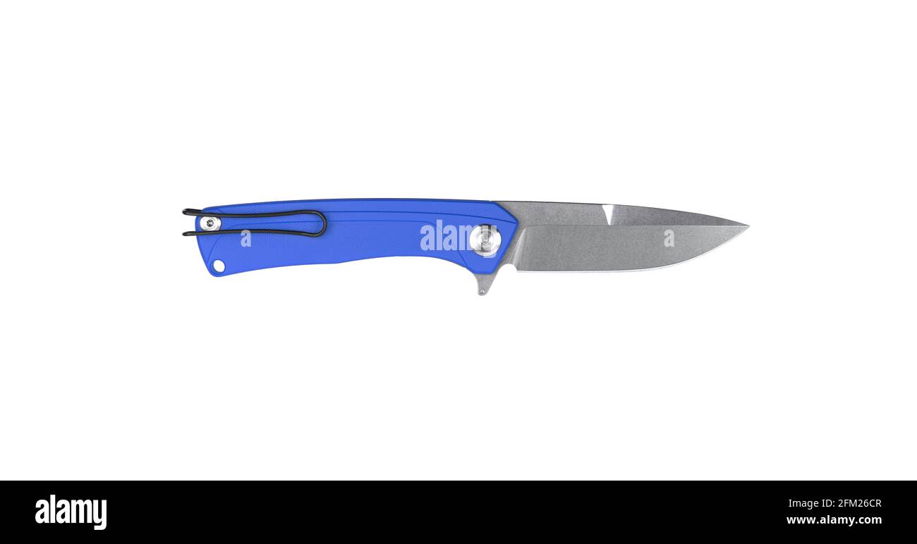 Blue pocket folding knife isolate on white background. Compact metal ...