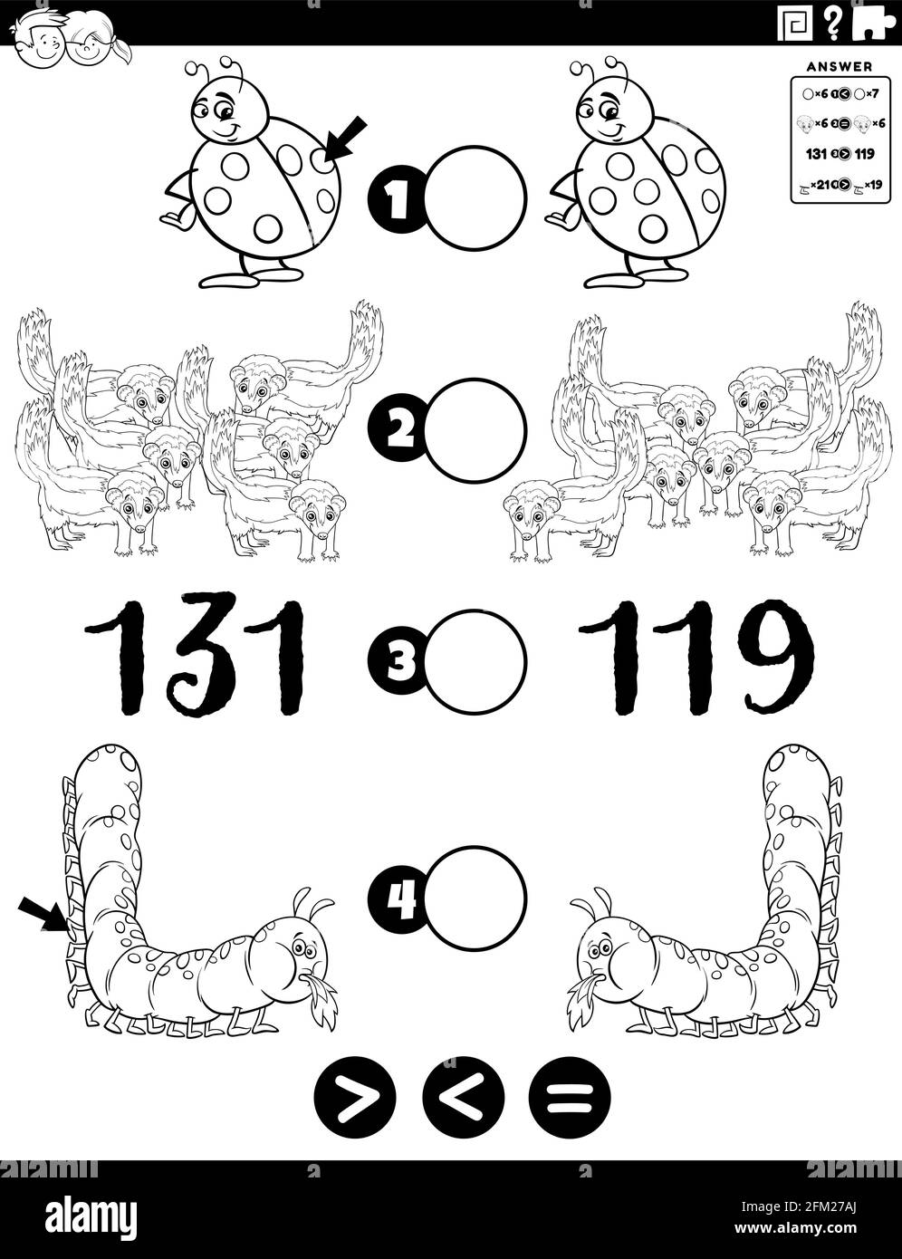 Black and white cartoon illustration of educational mathematical puzzle ...