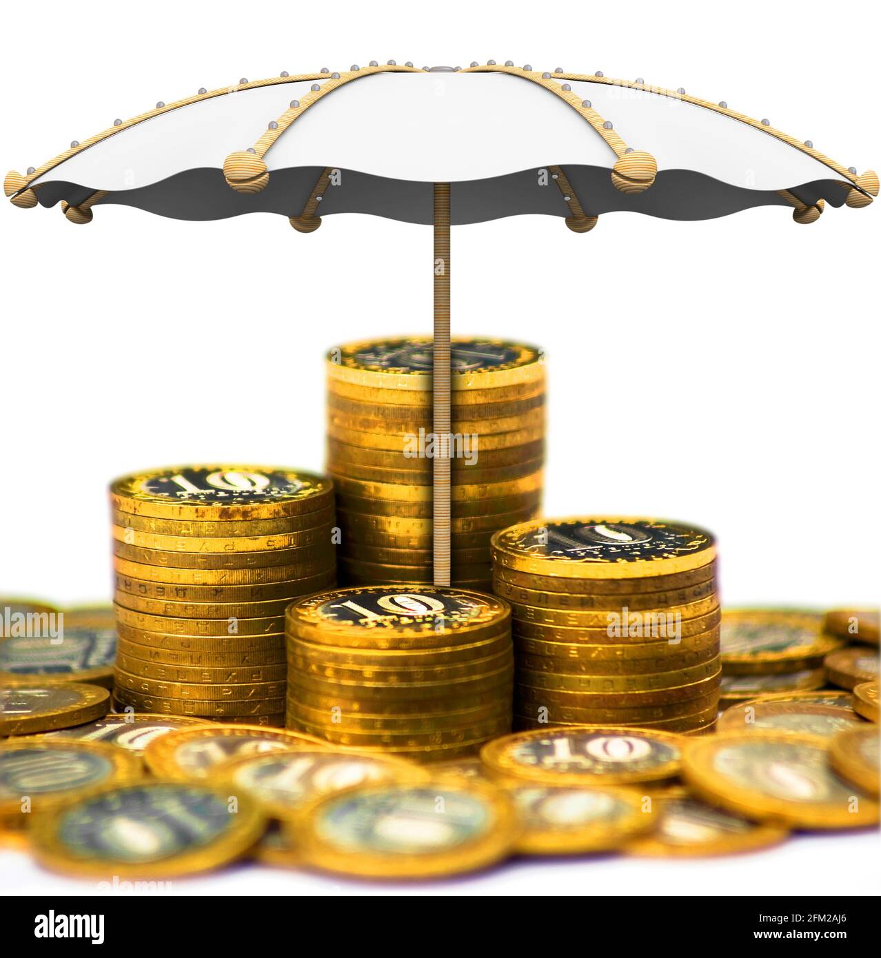 Protection of savings in Russian rubles. Stacks of Russian rubles coins ...